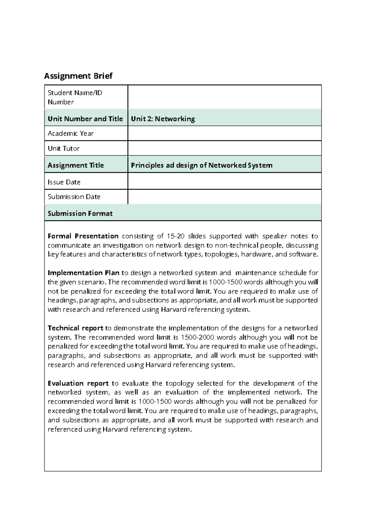 Unit 2 Networking - full - Assignment Brief Student Name/ID Number Unit Number and Title Unit 2 ...