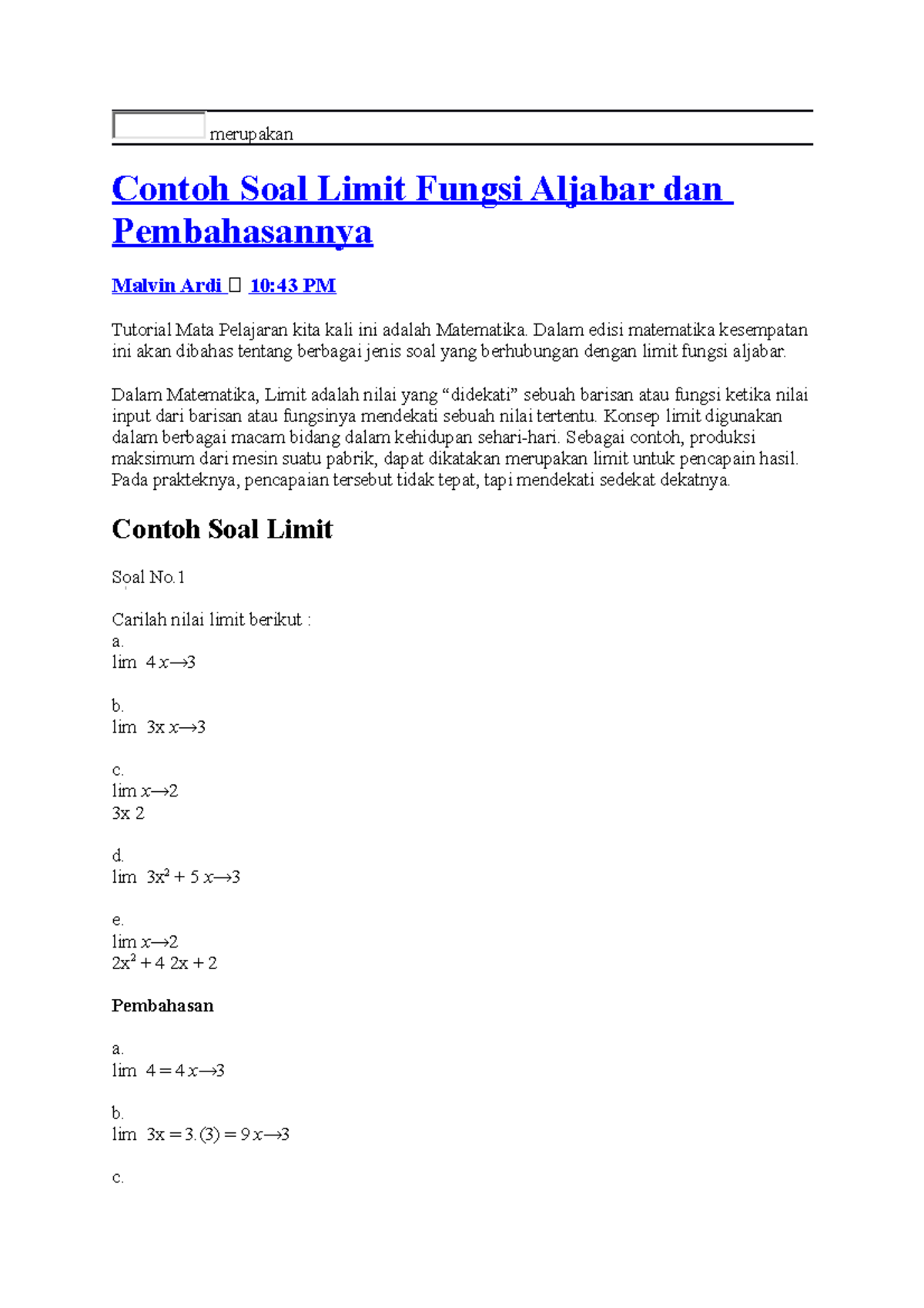 Contoh Soal dan Pembahasan Limit Fungsi Aljabar (Matematika SMA Kelas ...