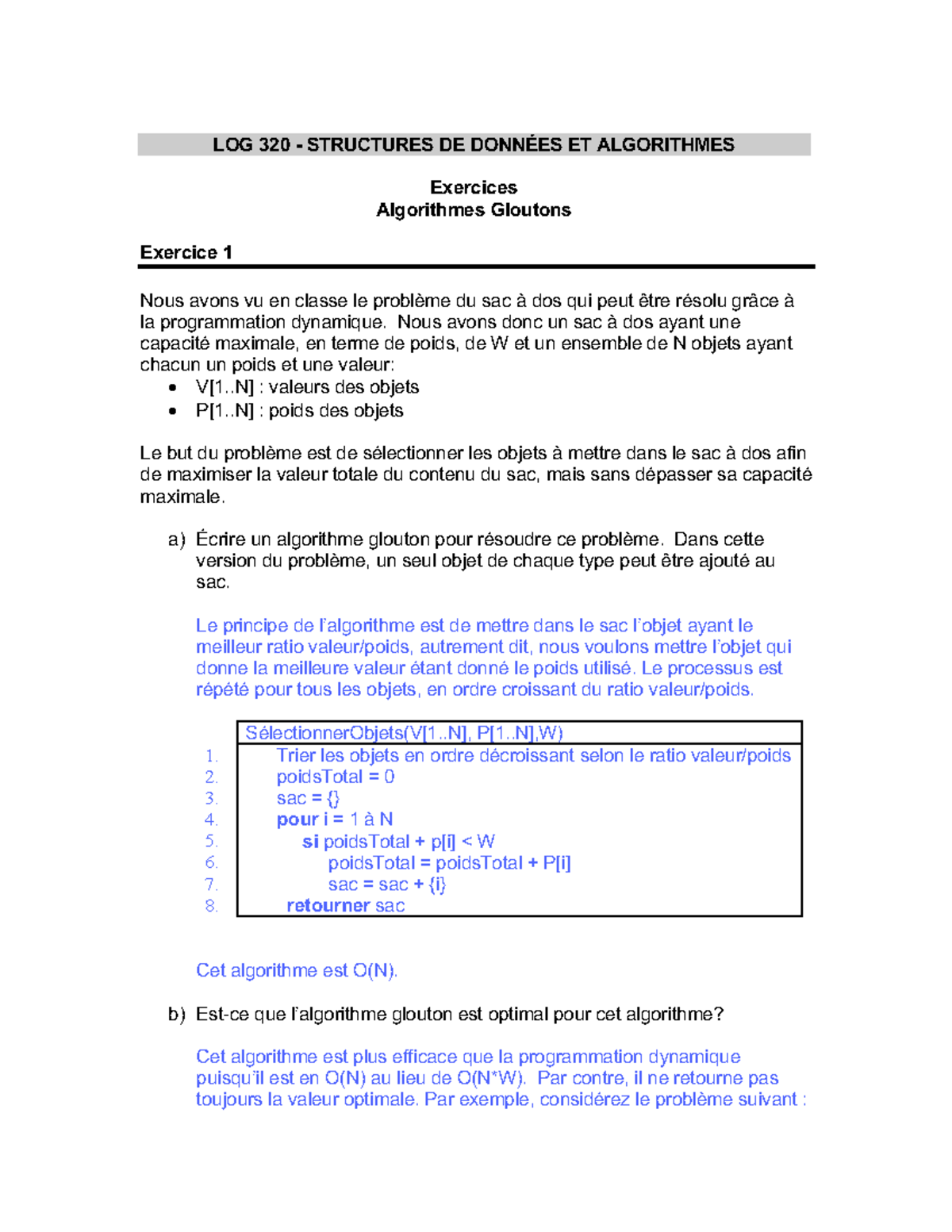LOG 320 Exercices sur les Algorithmes Gloutons - Solutions et Analyse - Studocu