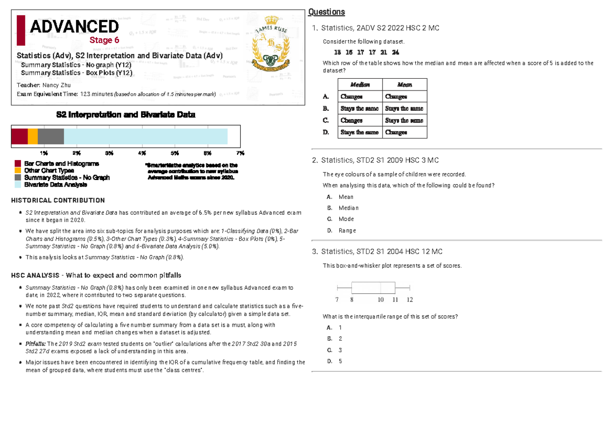 Advanced Statistics S2 2022 HSC Summary: Bivariate Data & Analysis ...