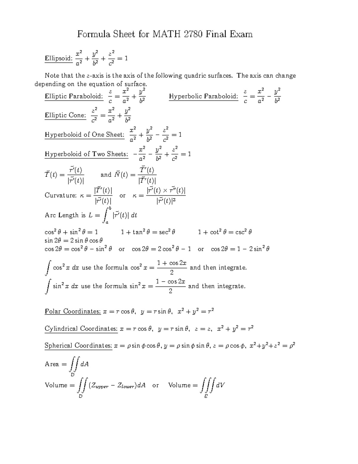 MATH 2780 Final Exam Formula Sheet: Quadric Surfaces & Coordinates ...
