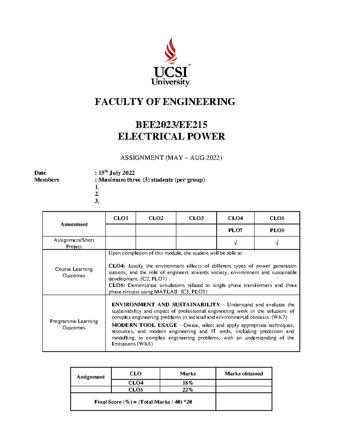 BEE2023 E215 Electrical Power Assignment Question - FACULTY OF ENGINEERING BEE2023/EE ELECTRICAL ...