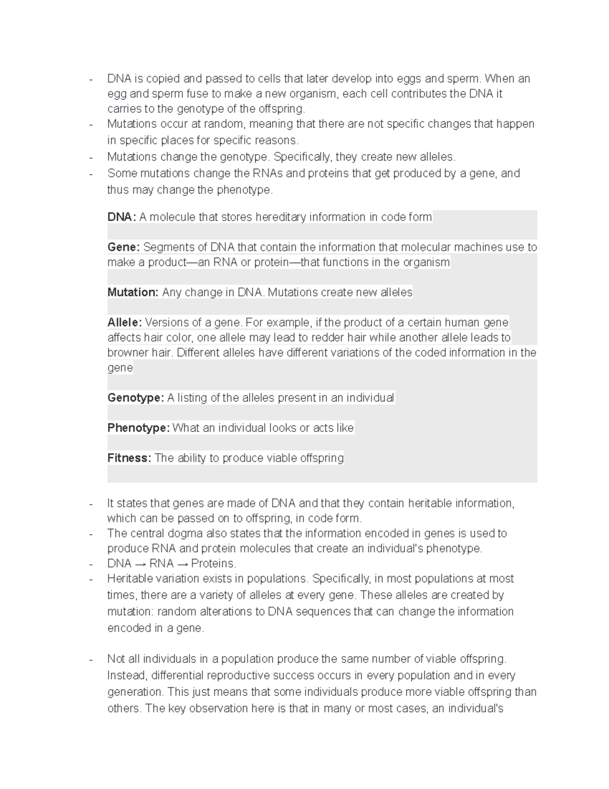 Biology Review Sheet: DNA, Mutations, and Natural Selection - Studocu
