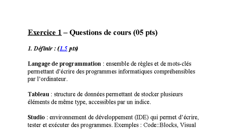 Programmation 1 Corrigé - Exercice 1 et 2 (05 pts) - Studocu