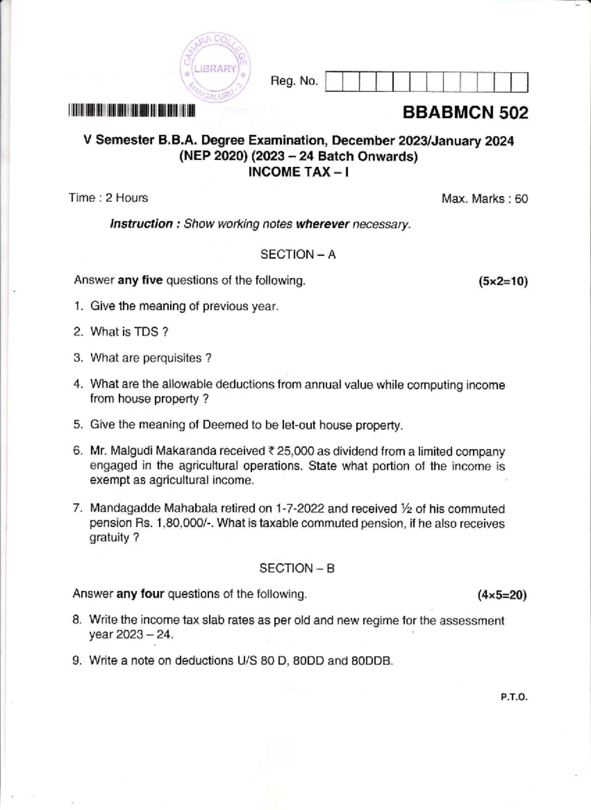 NEP BBA V Sem Income Tax I Exam Paper December 2023 - Studocu