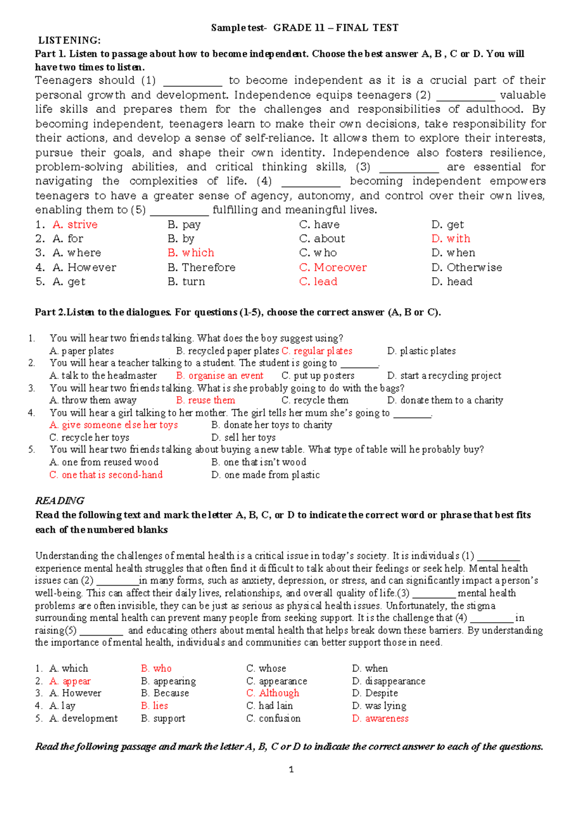 Grade 11 Final Test Listening & Reading Practice - HK2 - Studocu