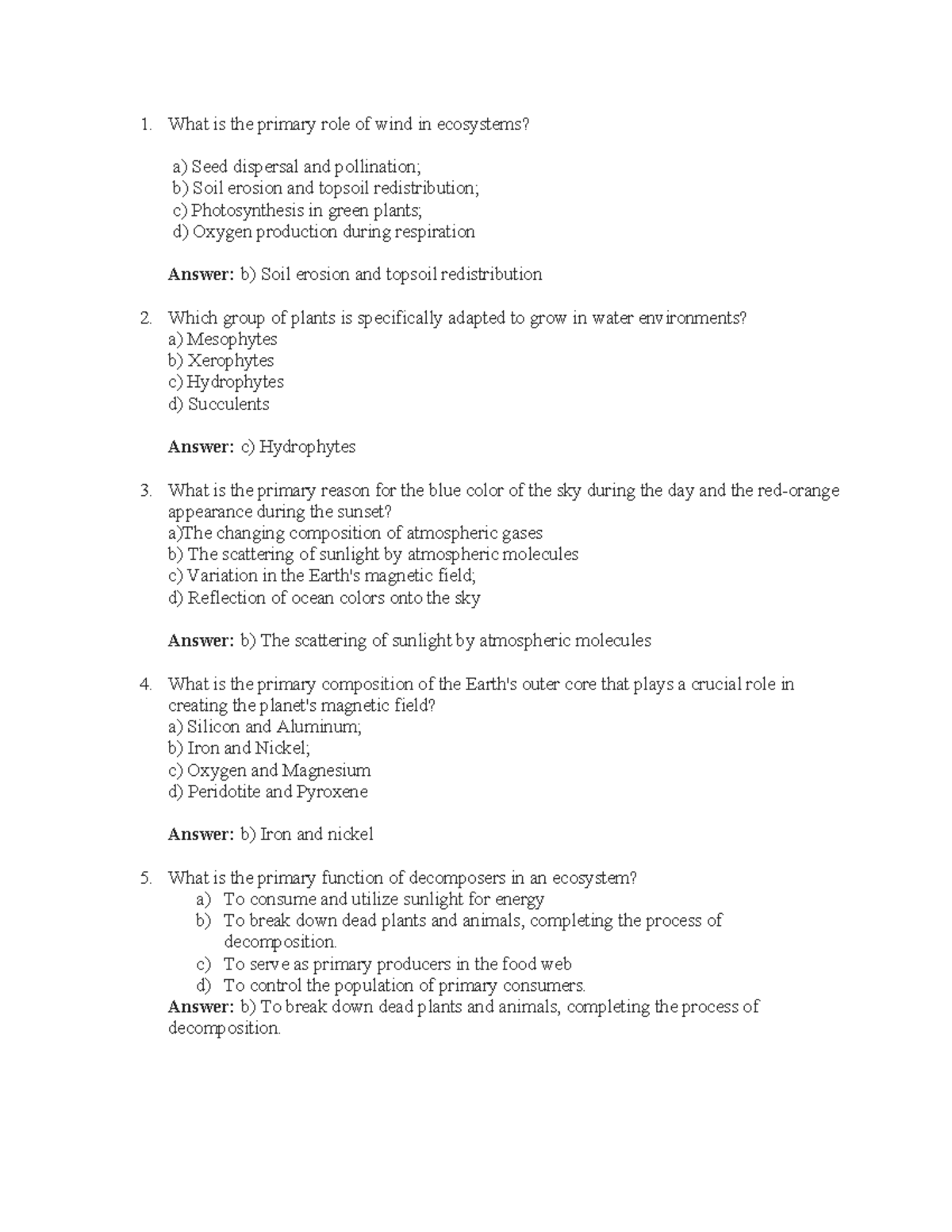 Ecology Quiz Answers: Ecosystem Roles & Adaptations (Course Code: Ia ...