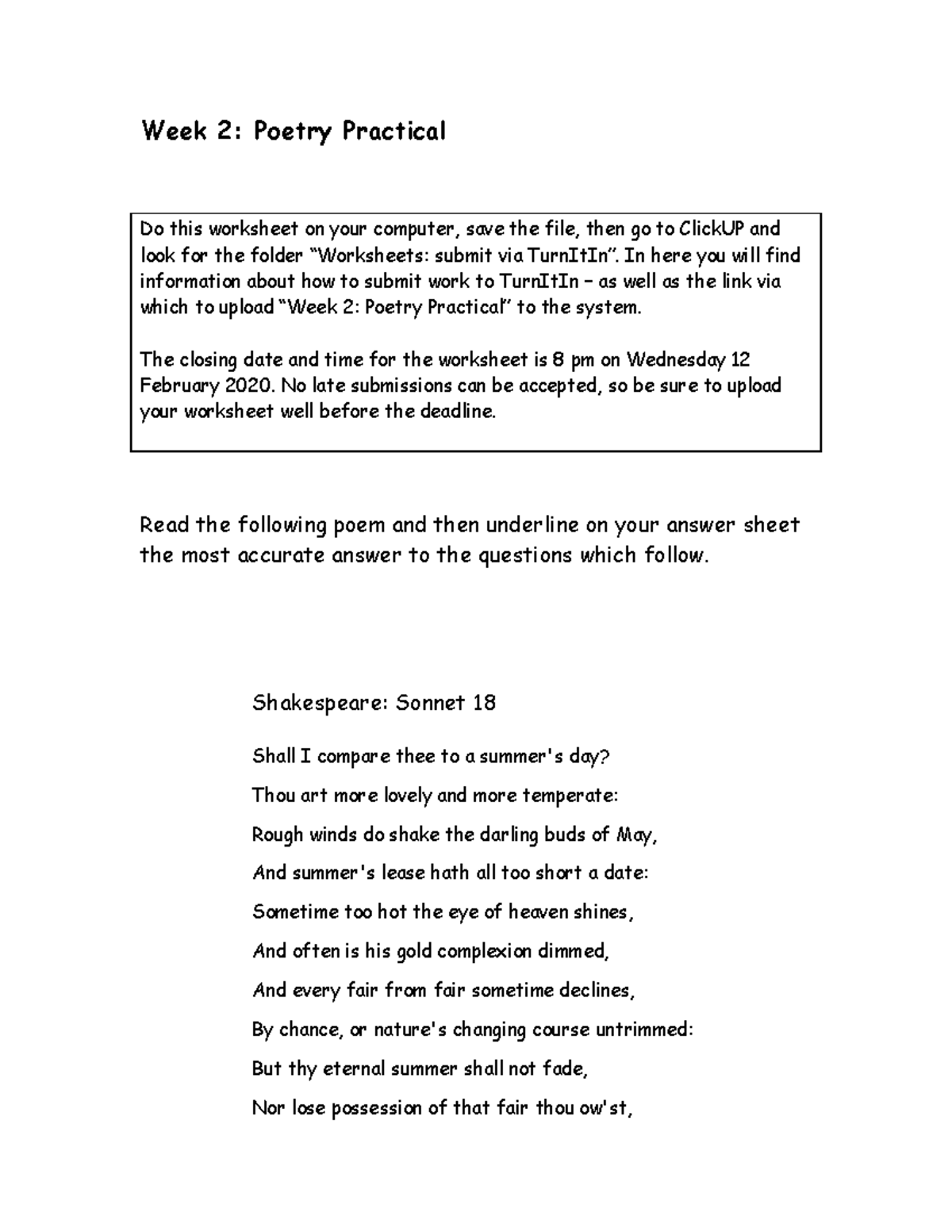 English worksheet 2 - Week 2: Poetry Practical Do this worksheet on ...