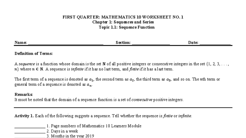 Q1 Math 10 Worksheet 1: Exploring Sequence Functions - Studocu