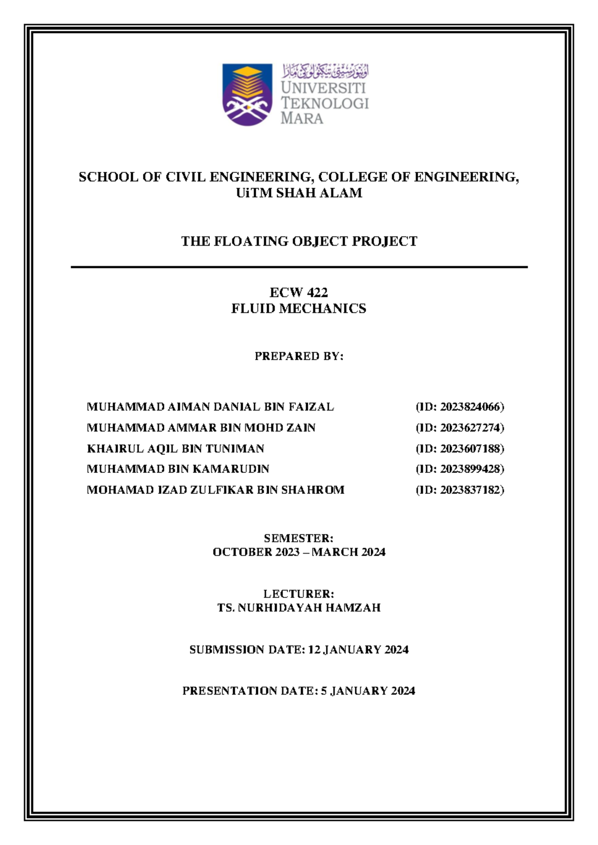 ECW 422 Floating Object Project Report - Group Project 2-1 - Studocu