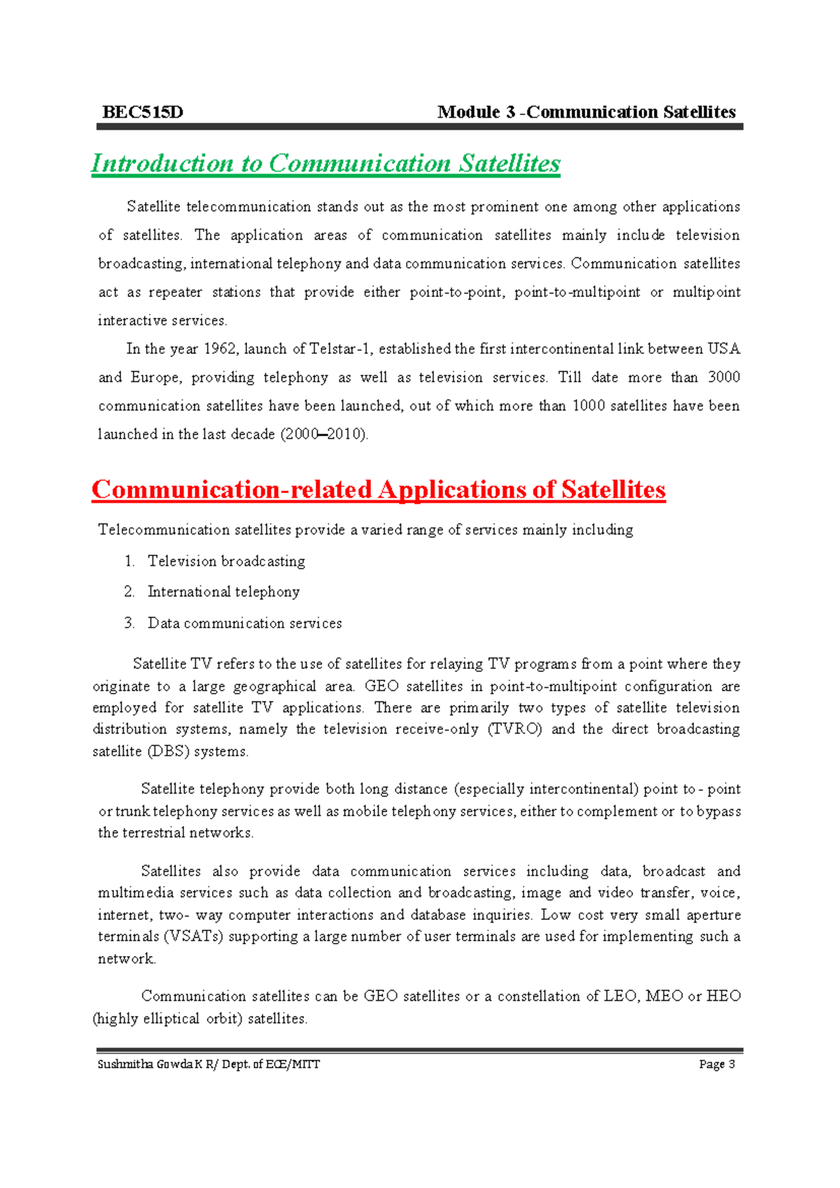 SOC Mod 3 - BEC515D - Introduction to Communication Satellites ...