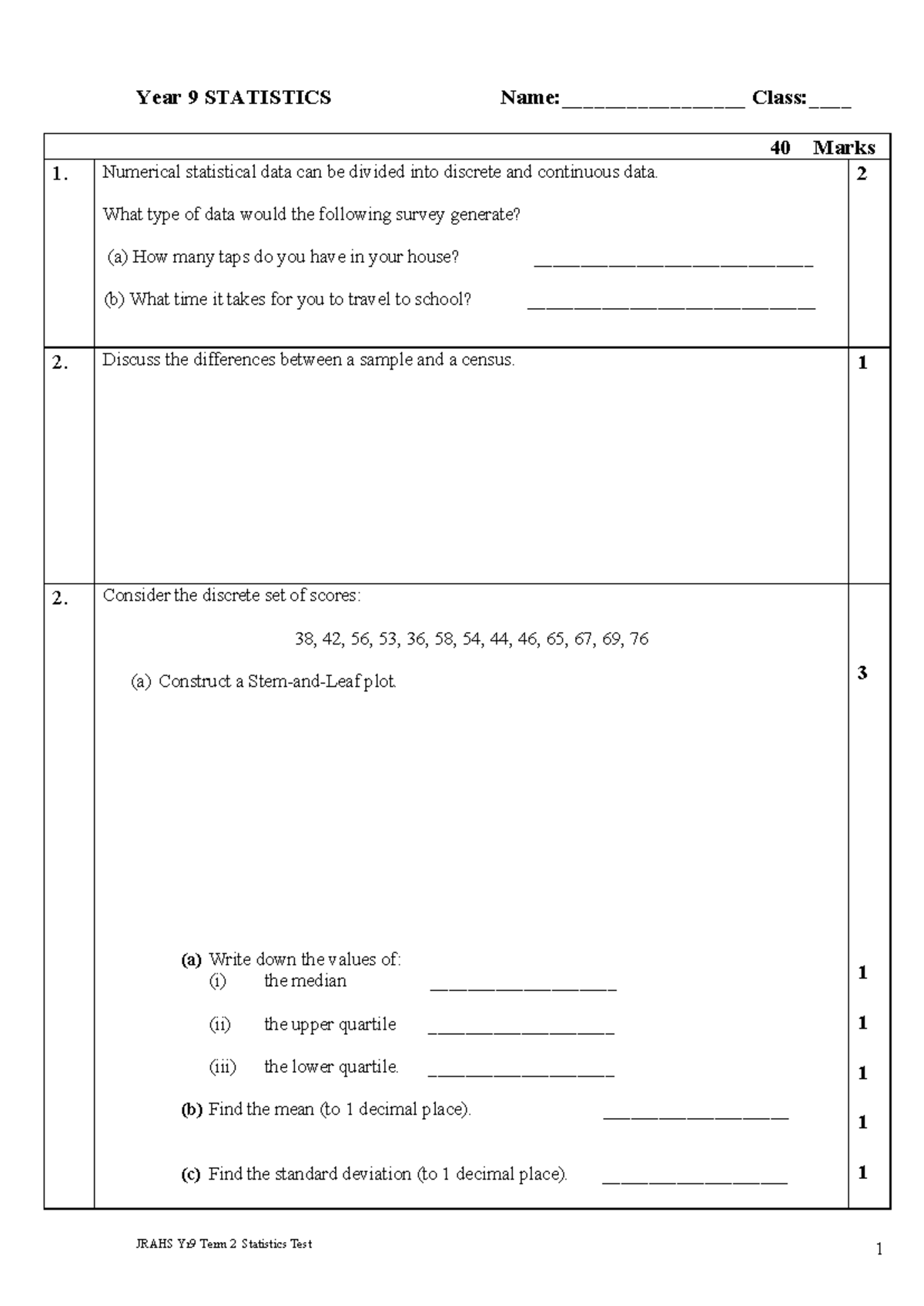 JRAHS Yr9 Term 2 Statistics Test Review and Solutions - Studocu