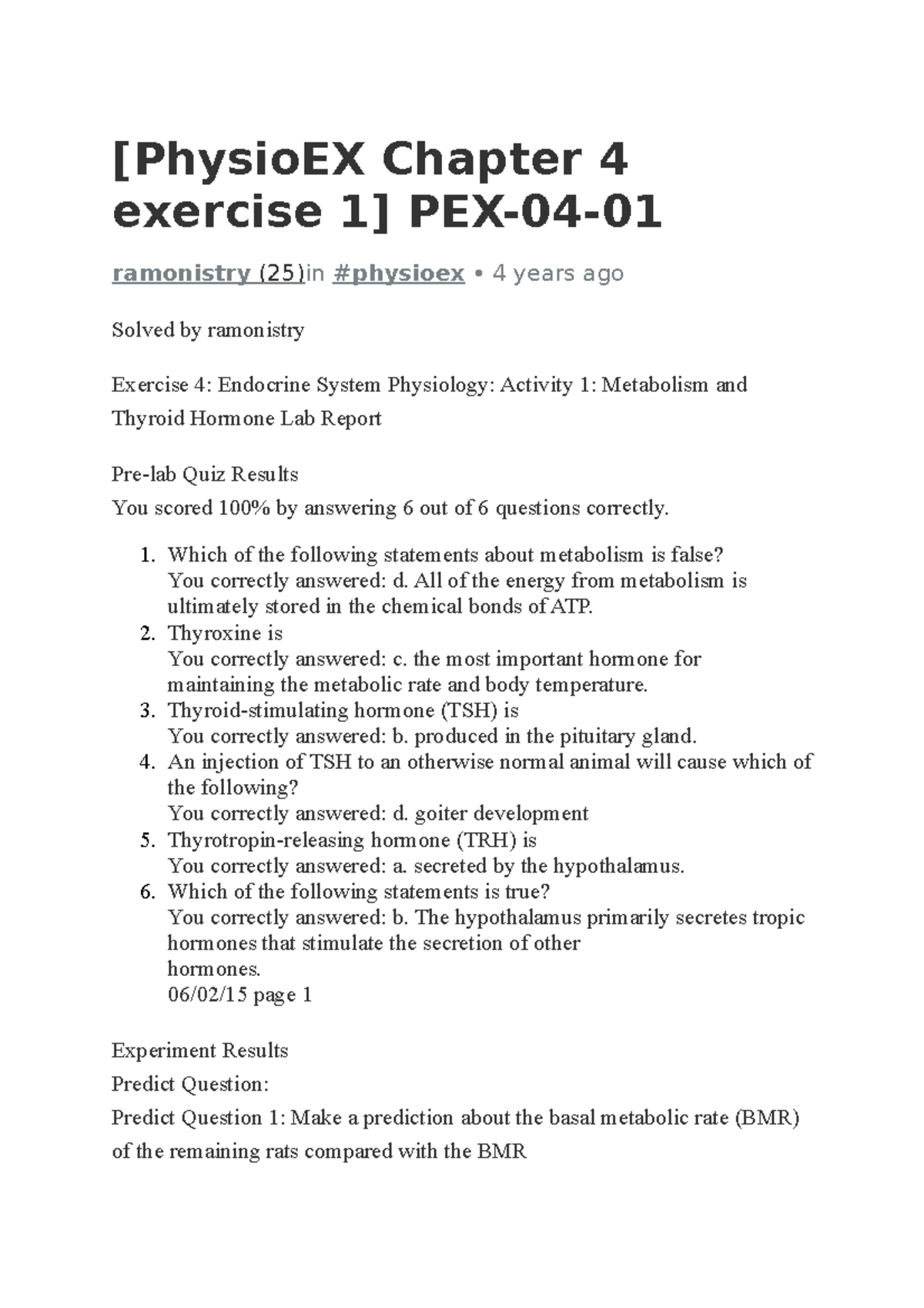 PhysioEX 04: Endocrine System Lab Report & Experiment Results - Studocu