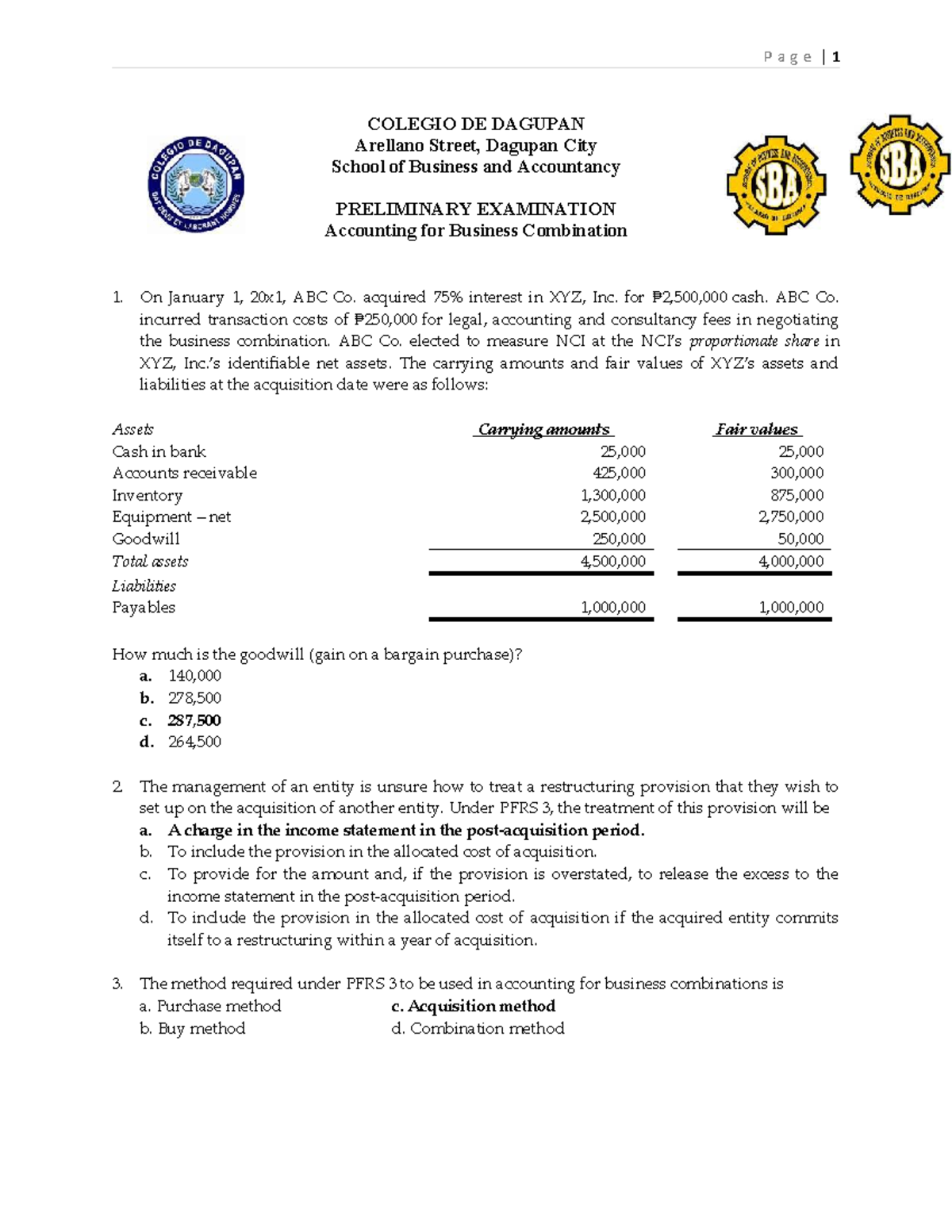 Prelim Exam Notes: Accounting for Business Combinations (ABC 101) - Studocu
