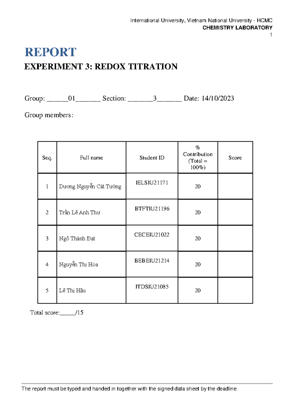 Chem Lab Report Exp3 - no no no no - CHEMISTRY LABORATORY 1 REPORT ...