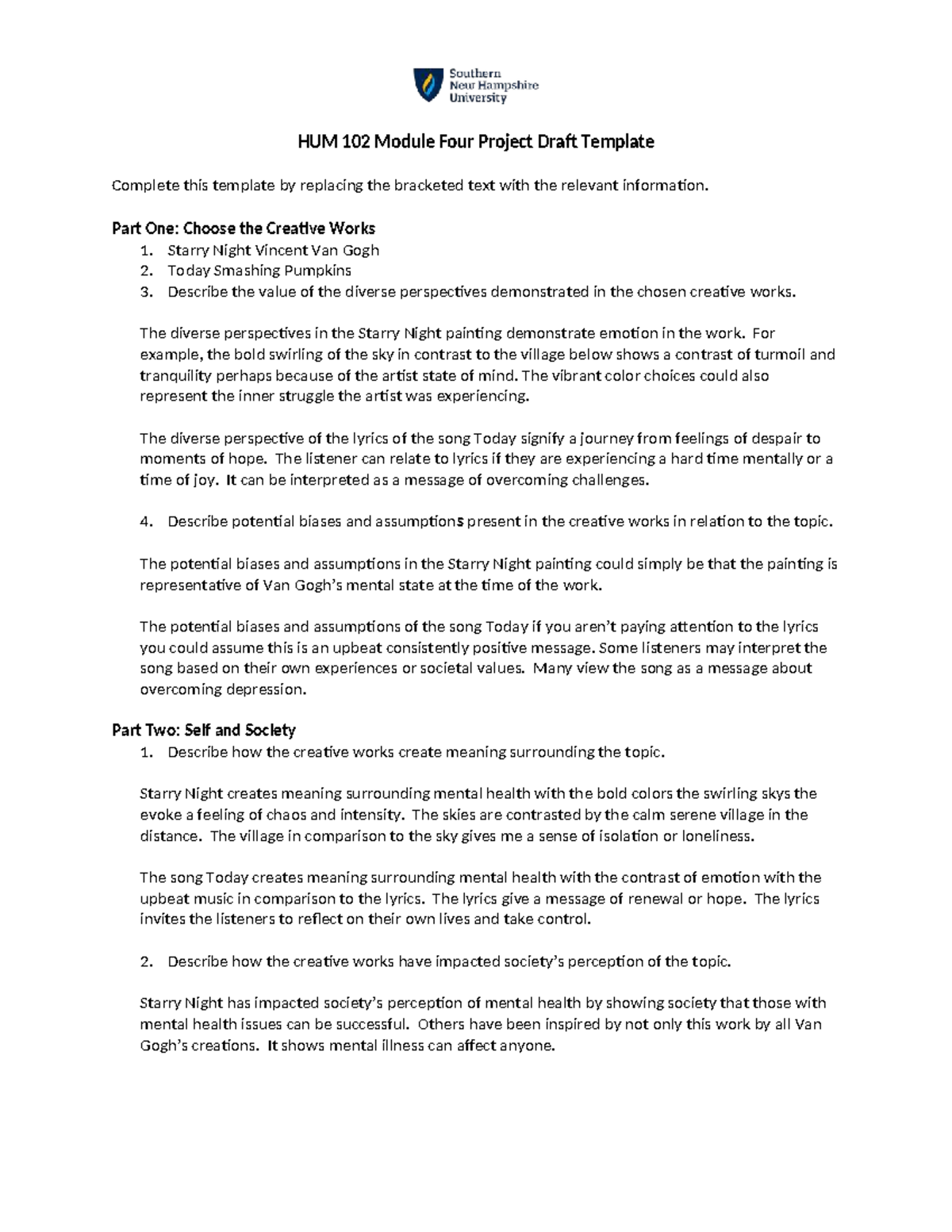 HUM 102 Module Four Project Draft: Analyzing Creative Perspectives ...