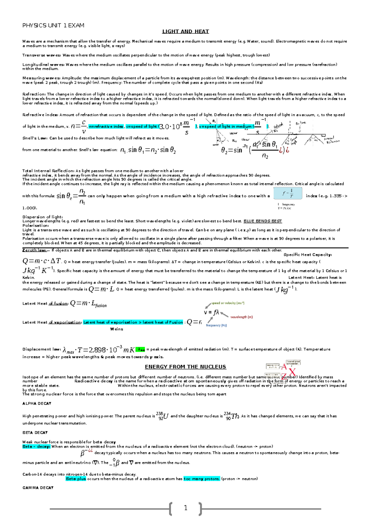 Physics Unit 1 Exam Study Guide: Light, Heat, and Nuclear Energy - Studocu