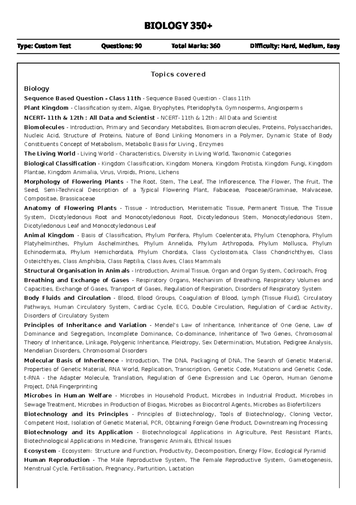 BIOLOGY 350+: Custom Test Questions for Class 11 & 12 - Studocu