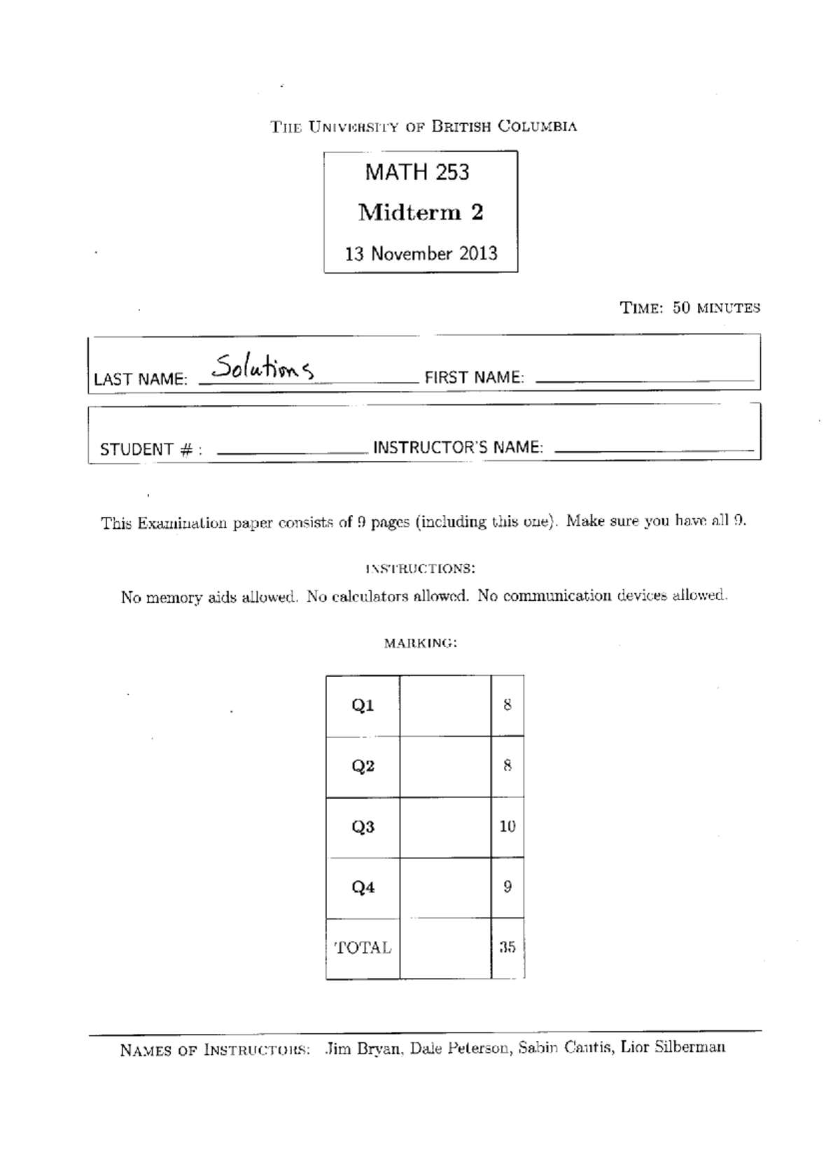 MATH 253 Midterm 2 Solutions - November 13, 2013 - Studocu