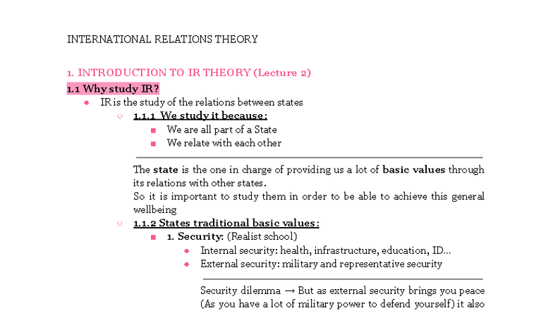 INTERNATIONAL RELATIONS THEORY (IR 101) - Lecture 2 Summary - Studocu