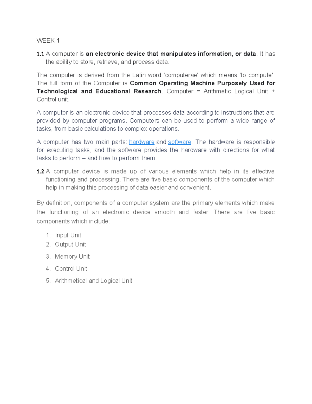 CS101: Lesson Note (Week 1) - Intro to Basic Computer Concepts - Studocu