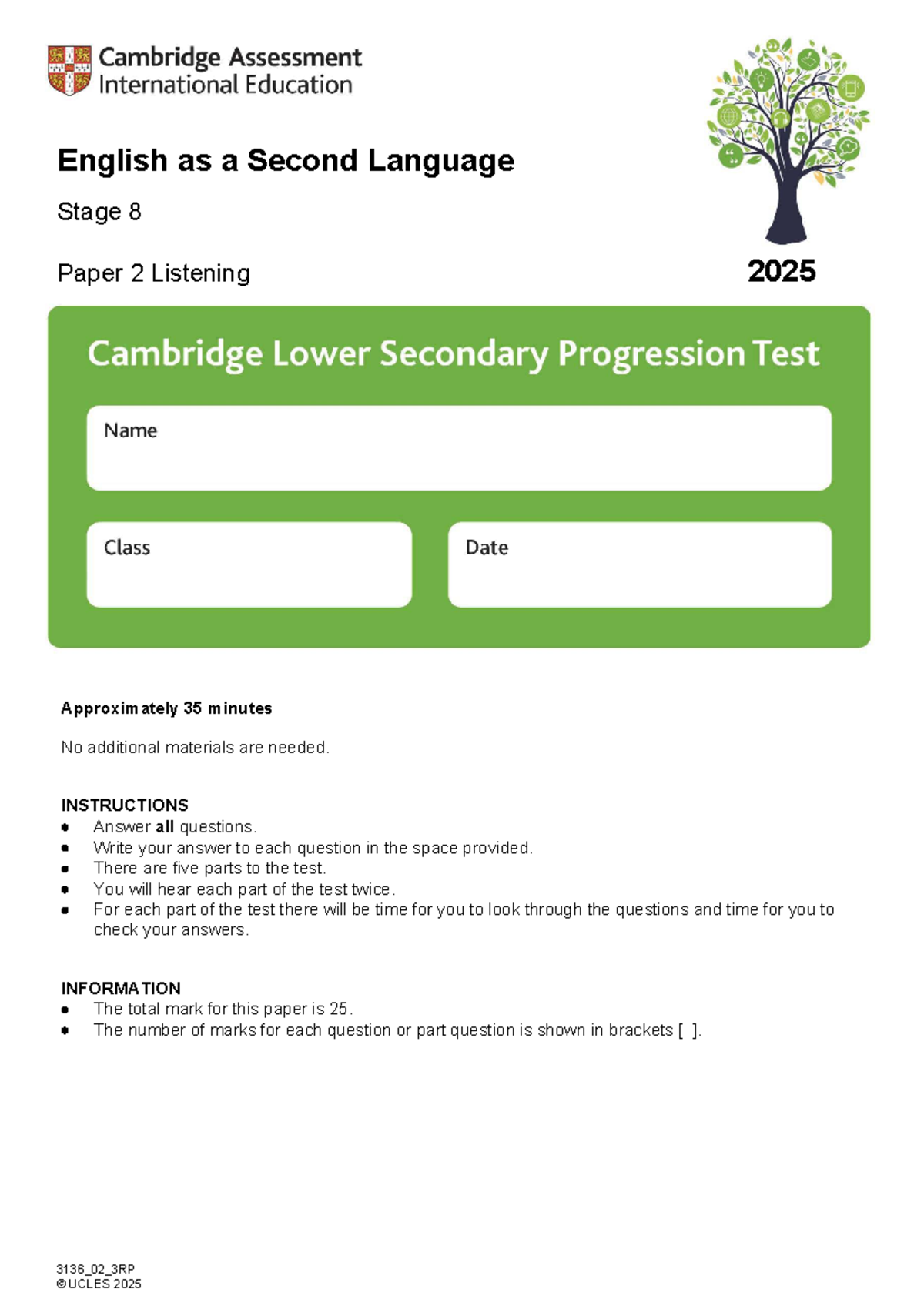 English as a Second Language Stage 8 Listening Paper 2 - 2025 - Studocu