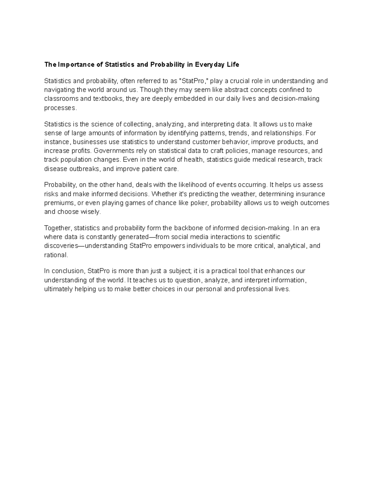 The Role of StatPro in Everyday Decision-Making and Analysis - Studocu