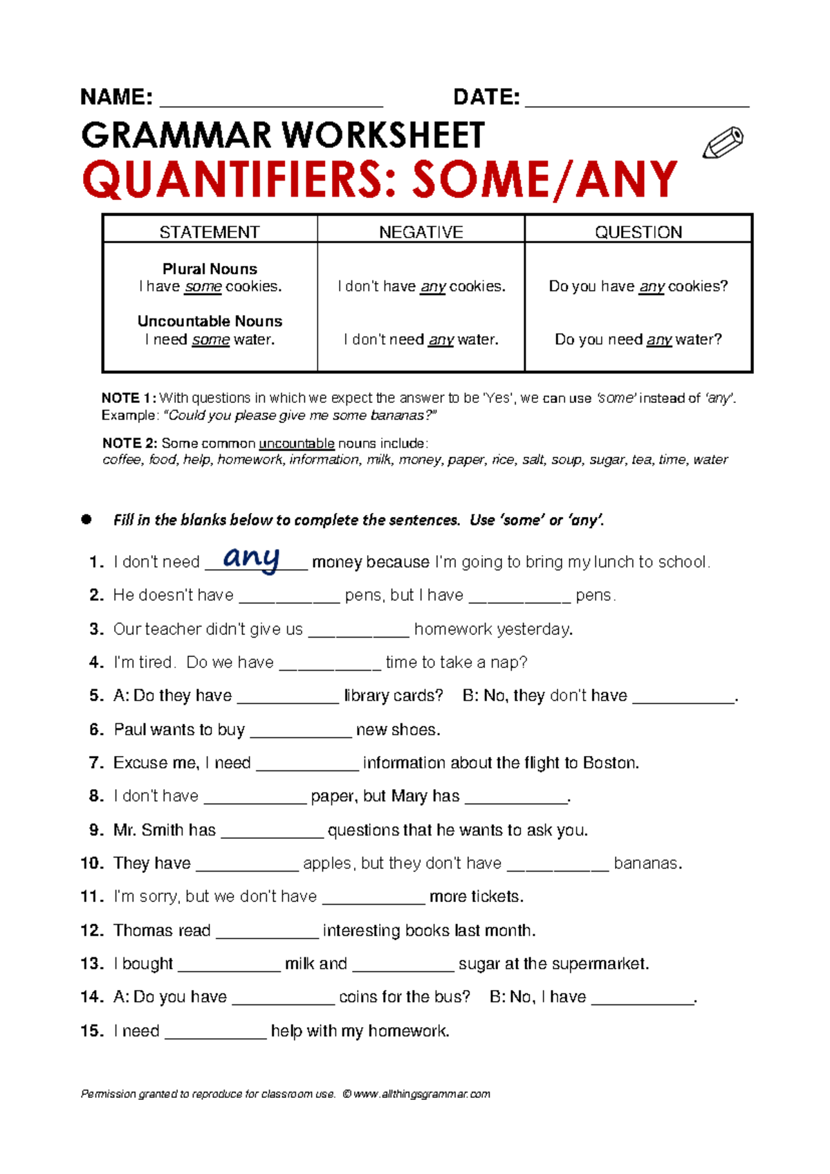 Atg Grammar Worksheet: Quantifiers with Some and Any - Studocu