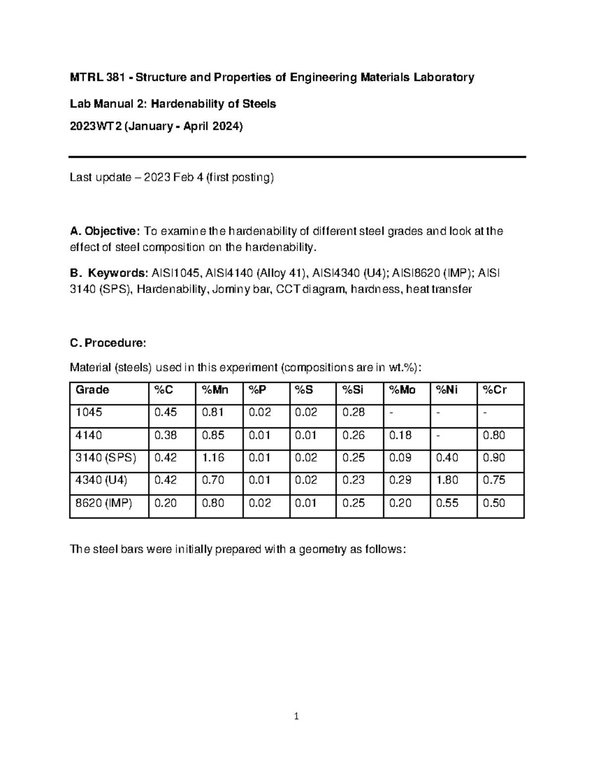 MTRL 381 Lab Manual 2: Hardenability of Steels - 2023 Edition - Studocu