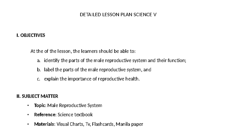 DLP SCIENCE V: Male Reproductive System Lesson Plan - Studocu