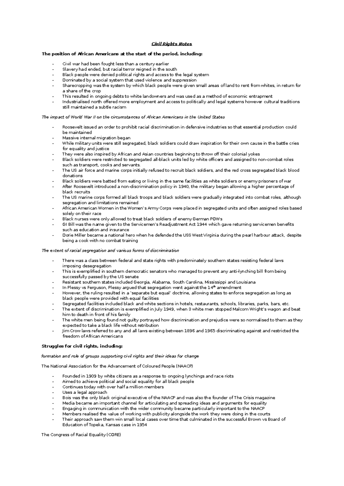 Civil Rights Notes - Key Events and Figures in the Movement - Studocu