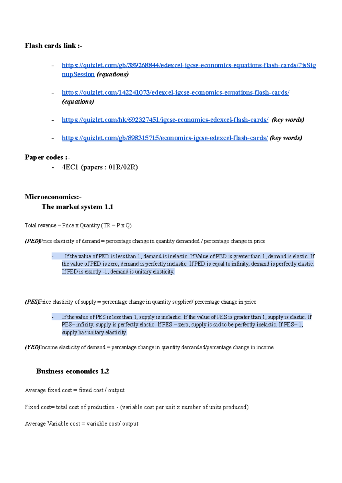 IGCSE Economics Equations and Formulas - Edexcel Flashcards - Studocu
