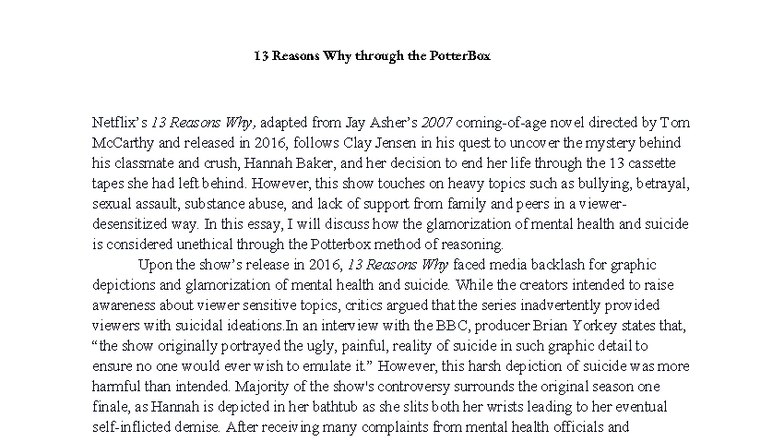 13 Reasons Why: An Ethical Analysis through the Potter Box - Studocu