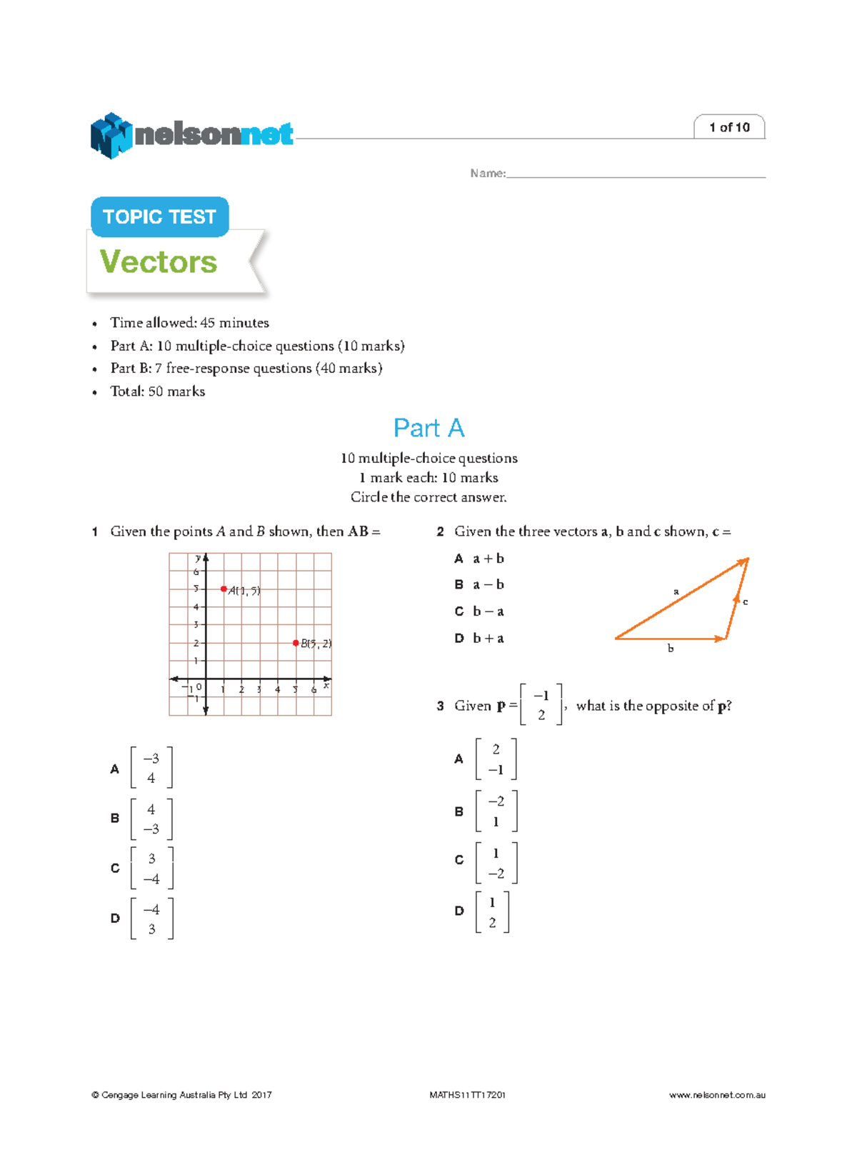 MATHS11TT17: Topic Test on Vectors - 45 Min Duration - Studocu