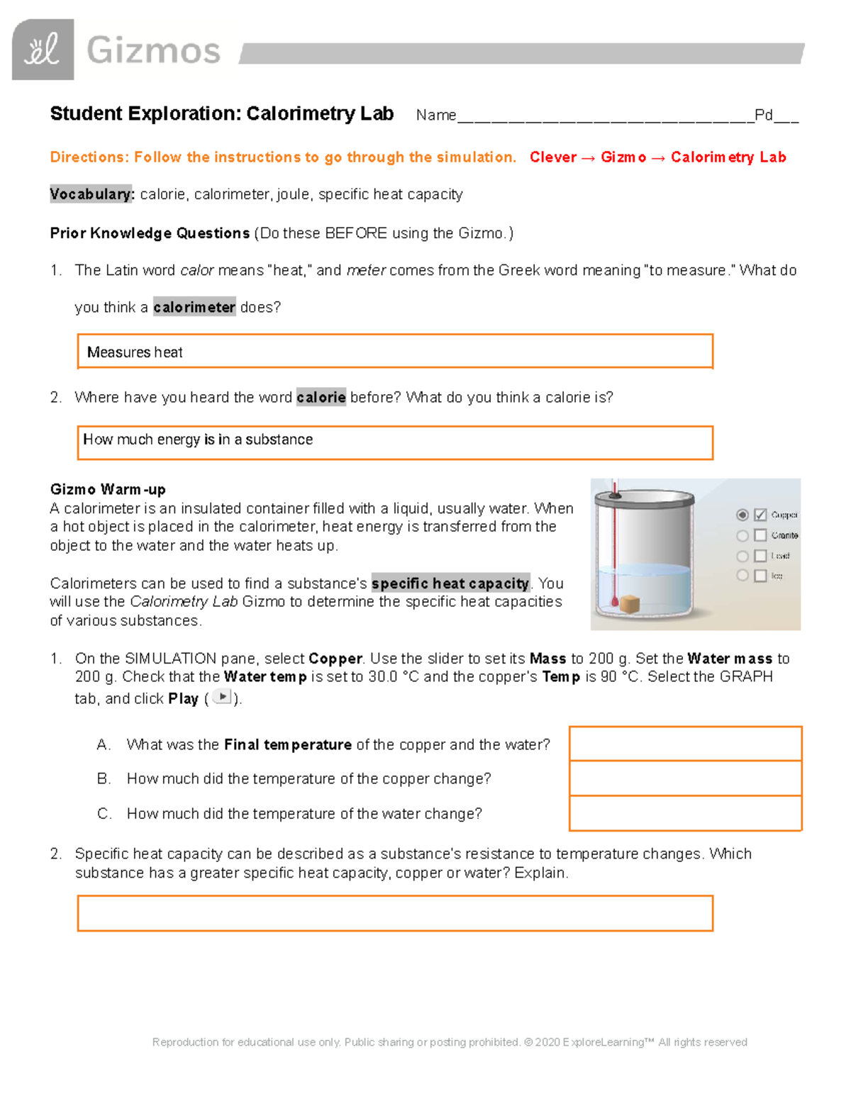 Student Exploration: Calorimetry Lab (Gizmo Activity) - Student ...