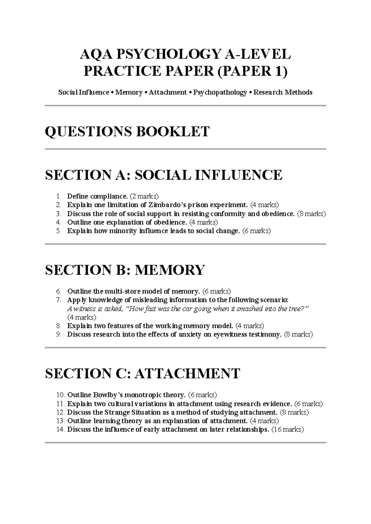 AQA PSYCHOLOGY U6 PAPER 1 PRACTICE QUESTIONS & ANSWERS - Studocu