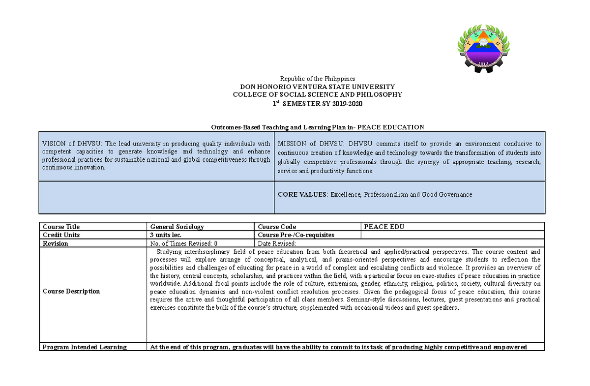 430774586 OBTL Syllabus: Comprehensive Overview of Peace Education ...