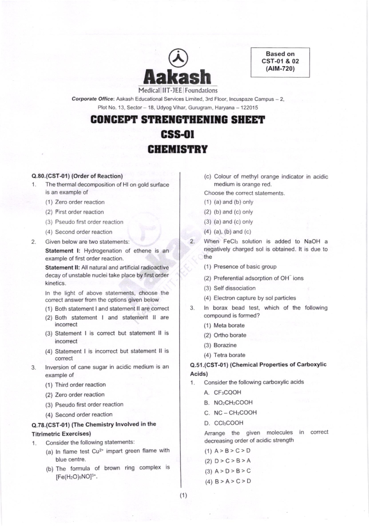 Concept Strengthening Sheet {css-01}: Order of Reaction in Chemistry ...