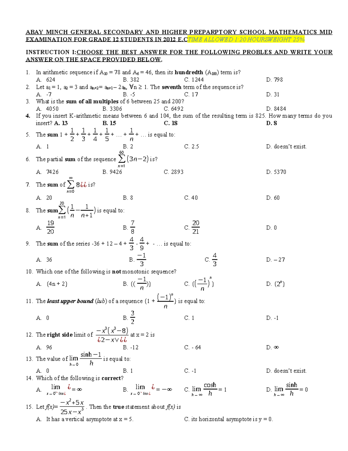 mathematics for natural science students - ABAY MINCH GENERAL SECONDARY ...