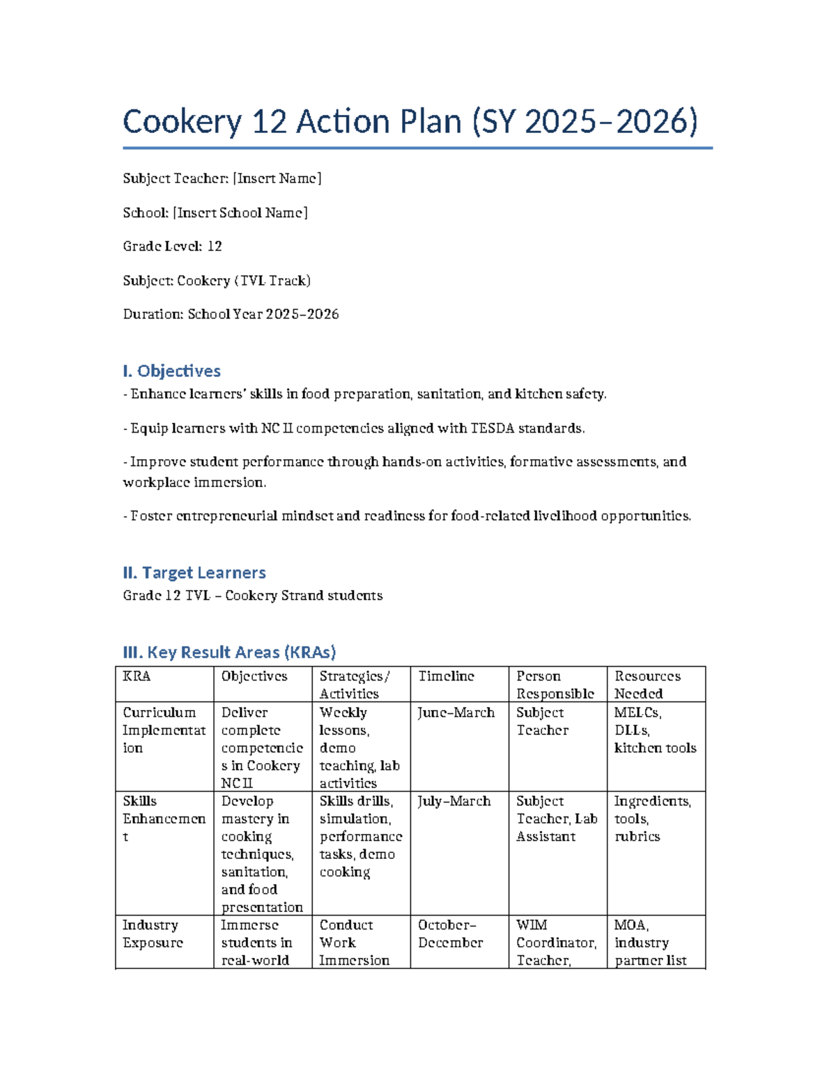 Cookery 12 Action Plan SY 2025-2026: Skills & Competencies Development ...