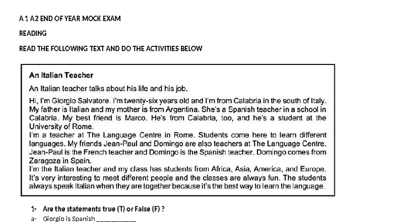 A1 A2 End of Year Mock Exam: Reading & Writing Activities - Studocu