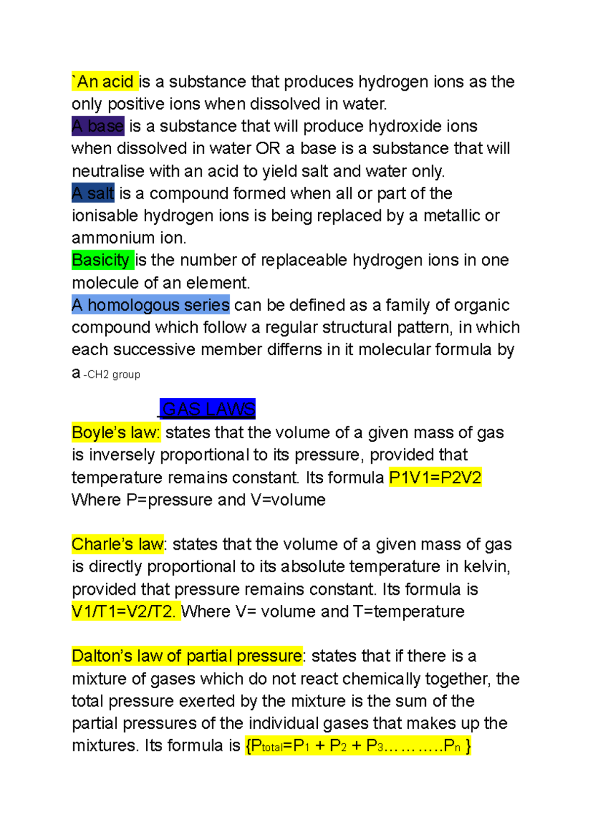 Chemistry Revision Notes: Acids, Bases, and Gas Laws Concepts - Studocu