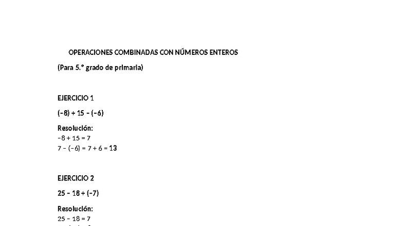 Operaciones Combinadas con Números Enteros - Ejercicios 5.º Grado - Studocu
