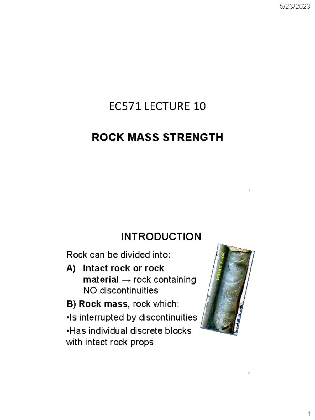 EC571 LECTURE 10 ROCK MASS STRENGTH & DISCONTINUITIES - Studocu