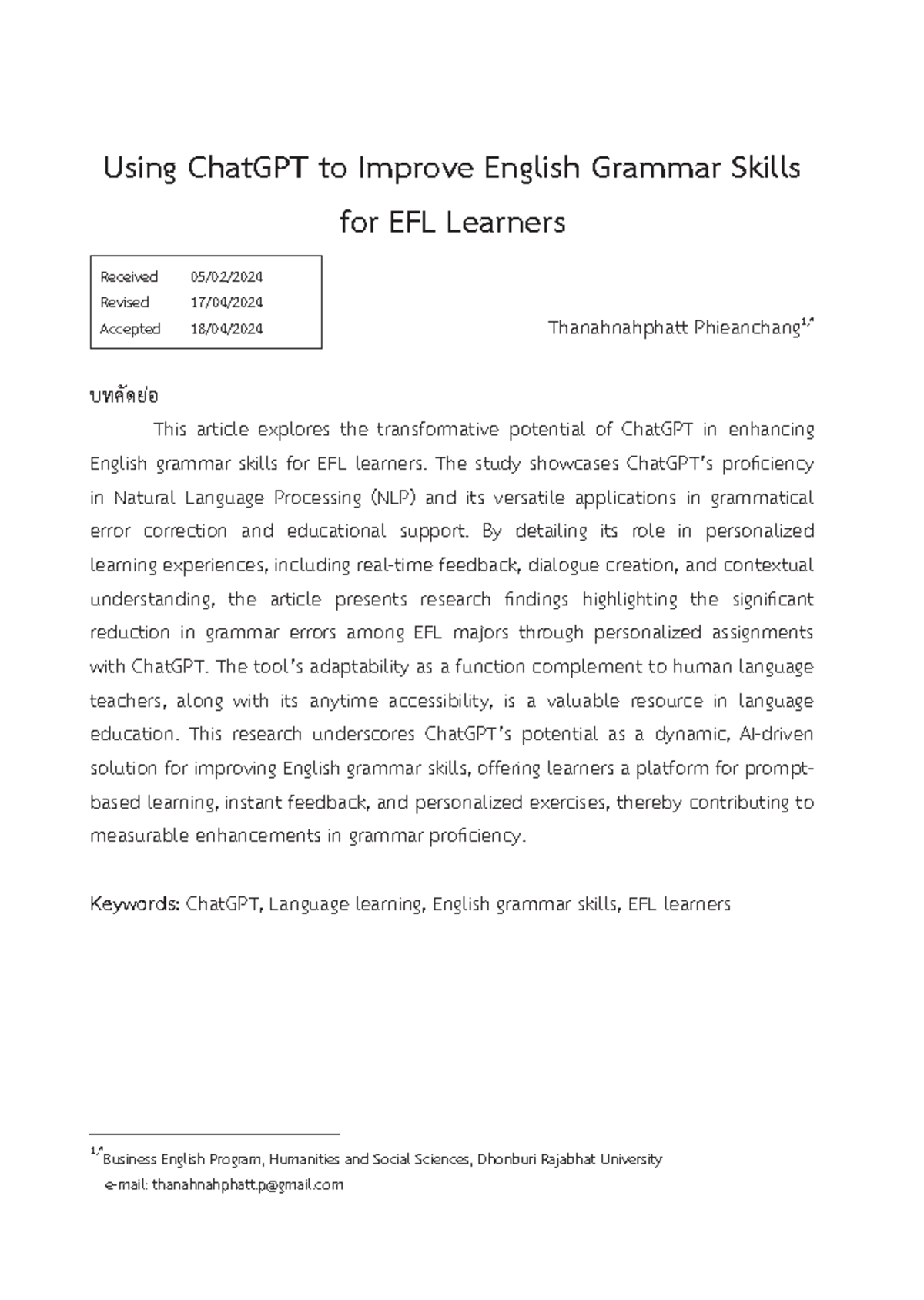 Enhancing EFL Learners' Grammar Skills with ChatGPT: A Study (BEP 2024) - Studocu