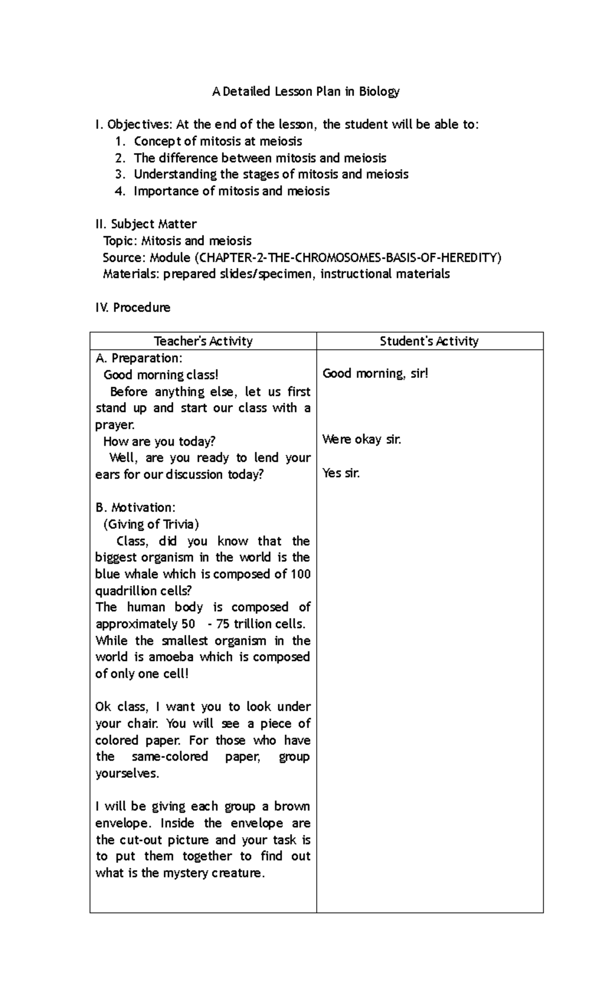 DLP: Detailed Lesson Plan on Mitosis and Meiosis in Biology - Studocu