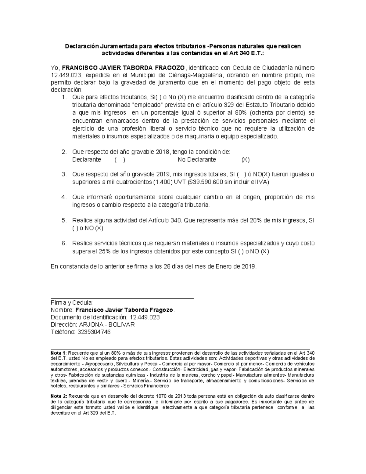 Declaración Juramentada - : Yo, FRANCISCO JAVIER TABORDA FRAGOZO ...