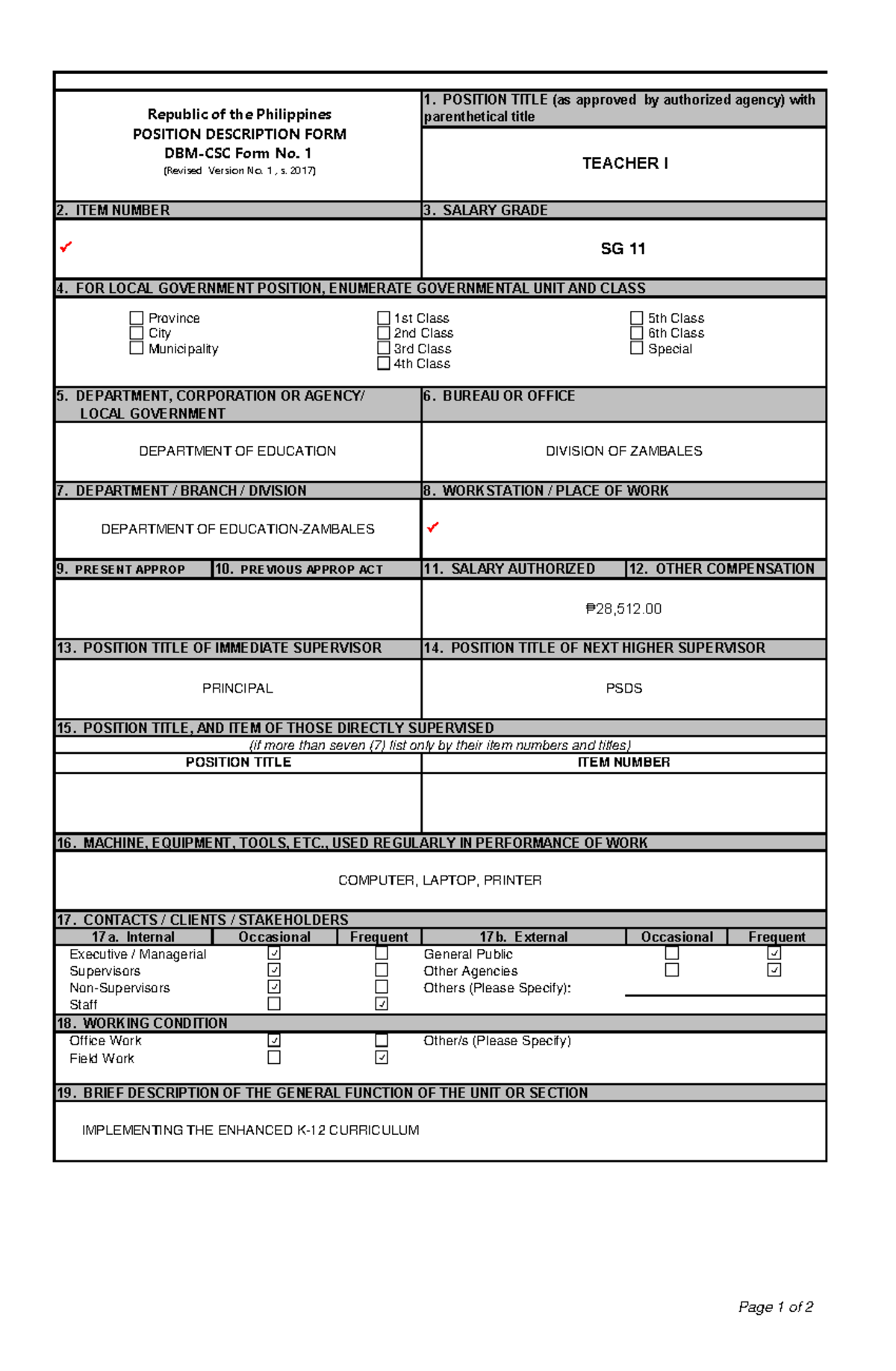 Position Description Form Elem - 9. PRESENT APPROP ACT 11. SALARY ...