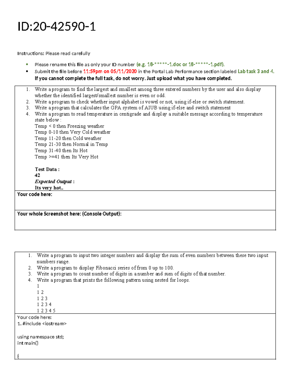 Lab Task 3 & 4: Conditional & Loops Programming Instructions - Studocu