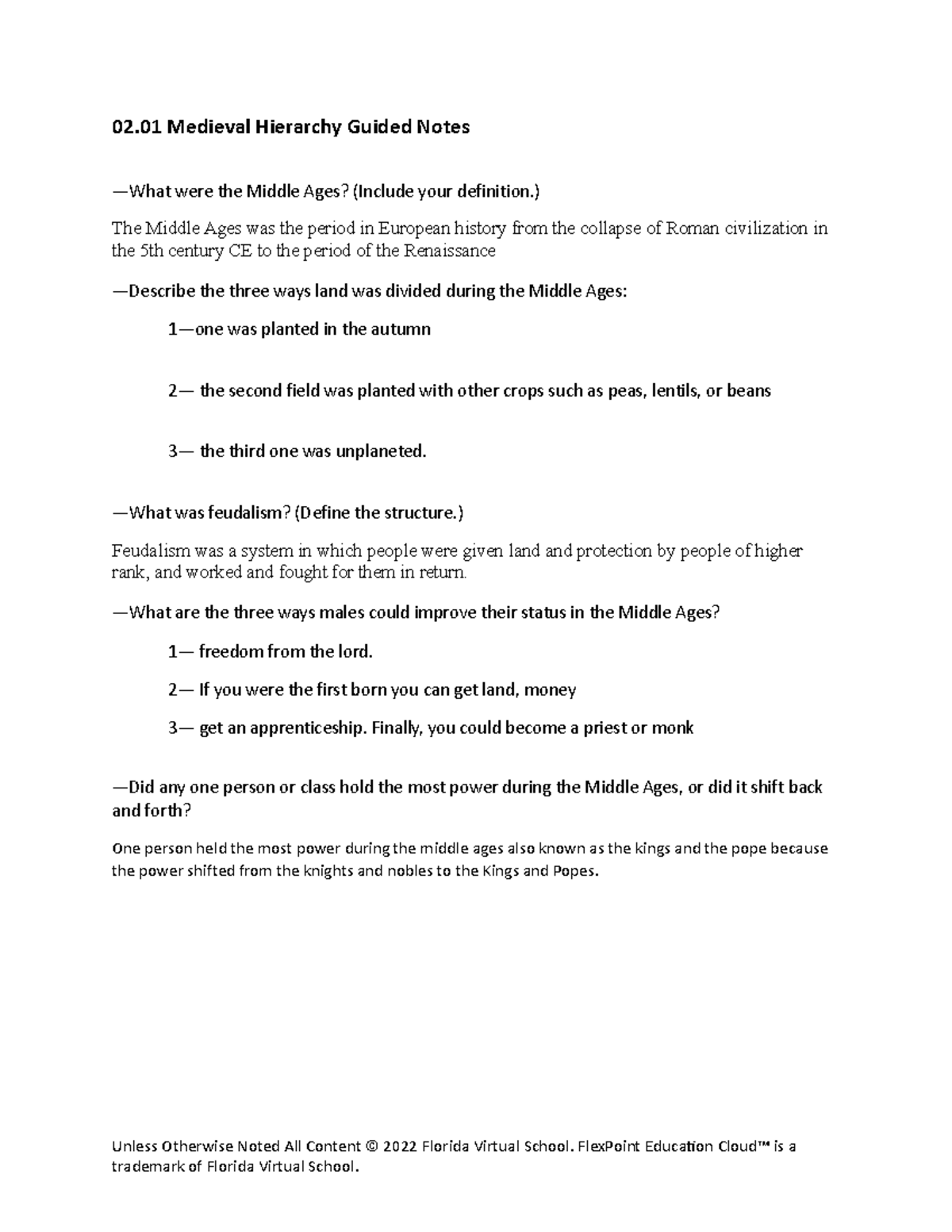 Medieval Hierarchy Guided Notes (02.01) - Overview of Feudalism and ...